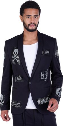 Kingz DISTRIQT Herren Sakko mit Strass veredelt, Herren Blazer Designer Jacke, Totenkopf Sakko, Blazer Skull 2291-1 Schwarz 48
