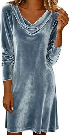 Generic Robe en velours avec col cascade pour femme - Robe &agrave; manches longues pour lhiver 2025 - Robe jaune pour femme Belle, bleu clair, XXL