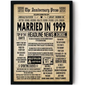 Stuff4 Poster zum 26. Hochzeitstag, gerahmt, Zeitung Married in 5,077.5 cm - Happy 26 Wedding Anniversary für Männer und Frauen, Retro-Vintage-Geschenke zurü