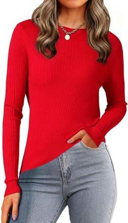 Allegra K Pulls Femme &agrave; Manches Longues et Col Bateau Pulls L&eacute;ger &Eacute;lastique D&eacute;contract&eacute;s en Tricot Rouge XL