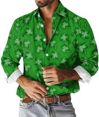 Generic Chemise &agrave; manches longues pour homme - Motif tr&egrave;fle porte-bonheur - Imprim&eacute; tr&egrave;fle - Robe boutonn&eacute;e - Style d&eacute;contract&eacute; - Irlande - Sans repassage - S