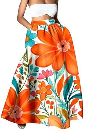 Generic Jupes d&eacute;t&eacute; pour femme - Jupe florale grande taille - Jupe &agrave; imprim&eacute; floral - Jupe boh&egrave;me avec poches - Jupe maxi extensible taille haute - V&ecirc;tements d