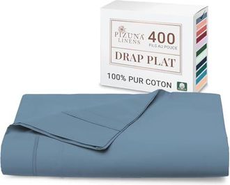 Pizuna Coton Peign&eacute; Drap Plat 2 Personnes 240x280 cm Bleu Poussi&eacute;reux, 100% Coton Longue Tige 400 Fils Armure Satin Drap de Luxe avec Ourlet &eacute;l&eacute;gant