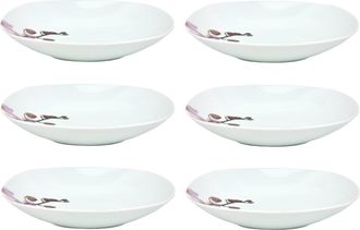 Van Well 6er Set Suppenteller Kyoto, Menü-Teller, 450 ml, 215 x 215 mm, Salatteller, Servierschale, Porzellan-Geschirr, Blumen-Dekor Orchidee, rosa-rot, pink