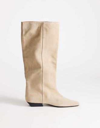Topshop Pablo schmaler Western-Stiefel aus echtem Wildleder in Taupe-Neutral