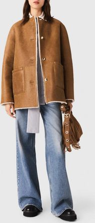 Maje Manteau R&eacute;versible En Peau Lain&eacute;e - Marron - Taille 36 - Maje