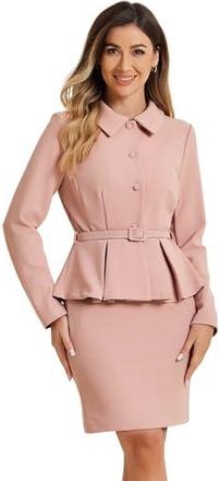 Allegra K Ensemble de Costumes daffaires 2 Pièces Femme Col Claudine Veste Blazer Péplum À Basque Et Jupe Courte Crayon Rose XL