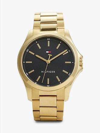 Tommy Hilfiger Montre &agrave; cadran noir et bracelet plaqu&eacute; or