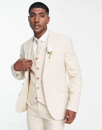 Asos Wedding - Supereng geschnittene Anzugjacke aus Wollmischung in Stein mit feinem Hahnentrittmuster-Neutral