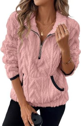 Generic Pull &agrave; fermeture &eacute;clair 1/4 pour femme, pull en polaire sherpa chaud pour lautomne surdimensionn&eacute; avec poche, rose, XXL