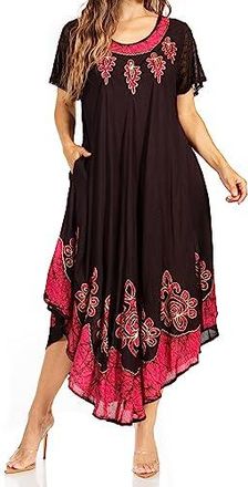 Sakkas B009 Batik Hindi Cap Manches Caftan Dress/Cover Up - Noir/Rose - Taille Unique