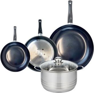 Fackelmann ELO 9743850 Batterie de cuisine 4 pi&egrave;ces, Ensemble de 3 Po&ecirc;les de cuisson 20, 24 et 32 cm et 1 faitout 24 cm Elo Prima Brillant, inox, induction, Noir