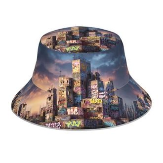 Generic Chapeau De Seau Unisexe Impression De Ville Chapeau De Plage Mode &Agrave; Large Bord Bonnet Soleil, pour De P&ecirc;che, La Randonn&eacute;e, Sports, 56-58cm