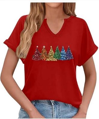 Generic T Shirt de Noel Famme Tshirt de No&euml;l de Coton Top Femme Col V D&eacute;contract&eacute; No&euml;l Imprim&eacute; Haut - Holiday Graphique Tee Chemise pour C&eacute;l&eacute;brations Festives
