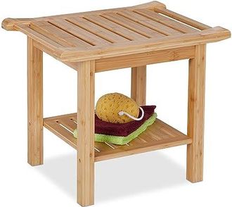 Relaxdays Badhocker aus Bambus, extra Ablagefl&auml;che & Griffe, HxBxT: 45 x 55 x 40,5 cm, Stauraum in Flur & Bad, Natur