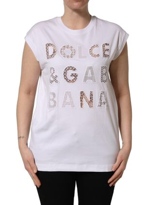 Dolce & Gabbana Womens White Logo Round Neck Sleeveless T-Shirt Cotton