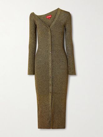 Staud Craftsman Schulterfreies Midikleid Aus Metallic-rippstrick - Gold