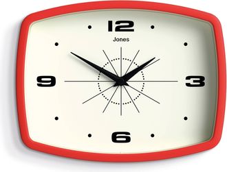 Jones Clocks Movie wanduhr | Retro rechteckige Uhr | 25 cm | Rot | Cooler Designer-Look im mid-Century-Stil f&uuml;r k&uuml;che, Wohnzimmer oder b&uuml;ro