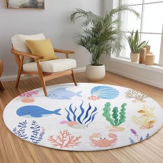 Generic Couleur Tapis Rond pour Enfant Animaux Marins Plantes Baleines, Minimalist Tapis Doux Antid&eacute;rapant pour Gar&ccedil;ons Filles, pour la Chambre Salle de Jeux 
