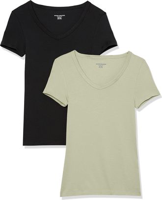 Amazon Essentials Damen Kurzärmeliges T-Shirt mit V-Ausschnitt, Schmale Passform, 2er-Pack, Schwarz/Salbeigrün, XXL