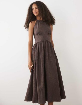 Mango Neckholder-Midikleid aus Baumwollmix mit braunem Vichy-Karomuster