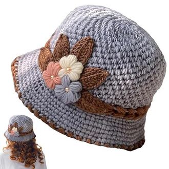 Generic Chapeau de laine tricoté à fleurs pour femme - Chaud et coupe-vent - Chapeau en laine tricotée à motif floral dautomne et dhiver - Chapeaux élégants e