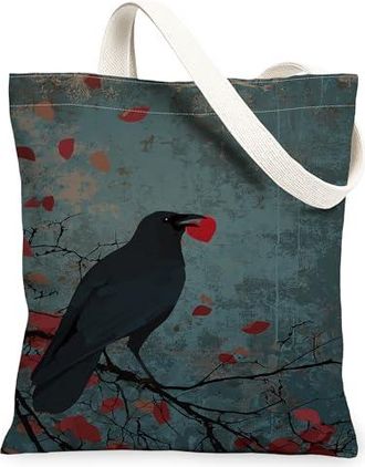 Generic Sacs fourre-tout vintage en toile motif oiseau noir artistique, sacs d&eacute;picerie r&eacute;utilisables, l&eacute;gers et lavables, noir, 13x15 Inch