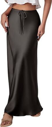 Feoya Jupe Longue en Satin Élégant Jupe Décontractée Eté avec Cordon de Serrage Jupe Casual Party Taille Haute Noir XL