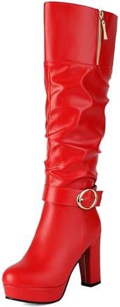 SJJH Bottes hautes avec boucle en m&eacute;tal | Bottes pour femme pour toutes les saisons, talon de 9,5 cm, manchette pliable, doublure douillette, rouge, 45 EU