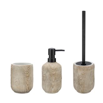 WENKO Bad-Accessoire Set Mod. Florio, 3-teilig, Bad Rundum-Set aus 400 ml Seifenspender, Zahnputzbecher und WC-Garnitur, Keramik/Edelstahl, Beige/Schwarz