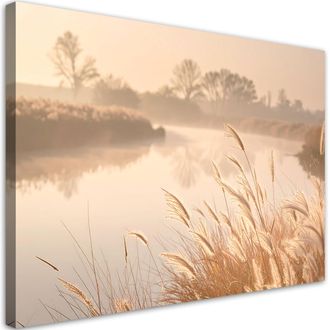 Feeby Stampe Su Tela, Paesaggio Fluviale Con Erba Nella Nebbia In Seppia, 120x80