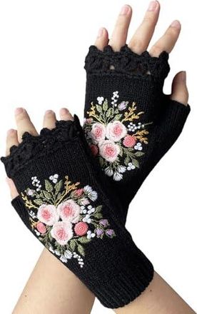 Generic Mitaines brod&eacute;es - Broderie de fleurs chaudes, mitaines tricot&eacute;es | Mitaines dhiver en tricot pour femme, gants de mariage thermiques pour la conduite