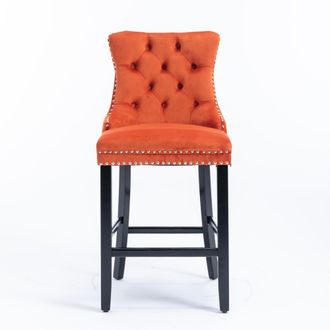 tidyard Barhocker, Samtbezogene Barhocker mit Knopfquotierung und Holzbeinen, Chromnieten-Dekor, Freizeitstil, Set of 2 (Orange), DE2002OG, f&uuml;r Esszimmer, Woh