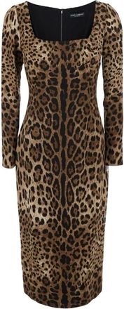 Dolce & Gabbana Femme, Robes, Brun, Taille: 42 FR Robe Midi Imprim&eacute;e L&eacute;opard