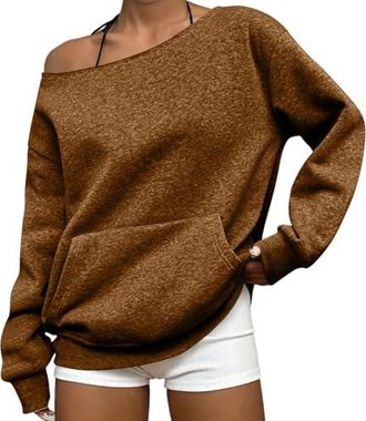 Generic Sweat-shirt à épaules dénudées pour femme, tendance, surdimensionné, mignon, sweat à capuche uni avec poche, marron, XXL
