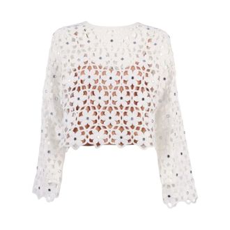 Michael Kors Femme, Blouses et Chemises, Blanc, Taille: 40 FR Haut Crochet Floral Orn&eacute; de Miroirs