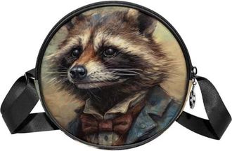 Generic Sac &agrave; bandouli&egrave;re rond pour femme, motif raton laveur, style vintage, avec fermeture &eacute;clair, bretelles r&eacute;glables, sac &agrave; main rond d&eacute;contract&eacute; pour fem