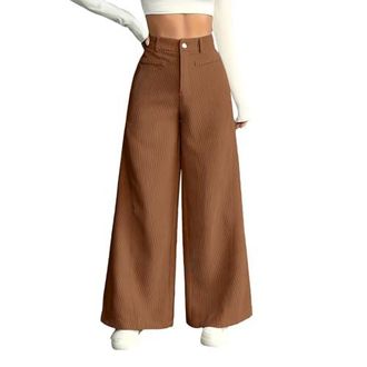 Generic Pantalon en velours c&ocirc;tel&eacute; pour femme - Jambes larges - Pantalon de travail - Coupe ample - D&eacute;contract&eacute; - Taille &eacute;lastique - 33, marron, XXL