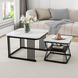 Merax Quadratisch Couchtisch 2er Set, Moderne Wohnzimmertisch mit Marmoroptik, Hochgl&auml;nzend Satztisch mit Stauraum, f&uuml;r Wohnzimmer, Balkon und B&uuml;ro, Metallg