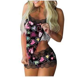 Generic Ensemble de pyjama et pantalon de pyjama en dentelle imprim&eacute;e Saint-Valentin 2026 pour femme, Noir, XL