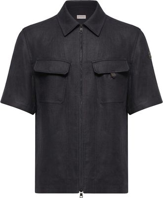 Moncler Moncler Linen Twill Short Sleeve Zip-up Shirt, Men, Blue, Size: 3xl
