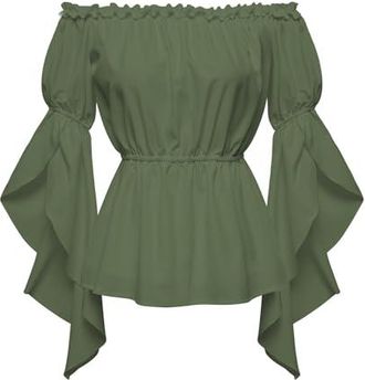 Generic DUHENWU Chemisier traditionnel Renaissance pour femme, style m&eacute;di&eacute;val, &eacute;paules d&eacute;nud&eacute;es, &agrave; volants, corset, &agrave; manches courtes, haut viking, vintage, g