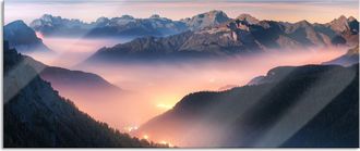 Pixxprint Glasbild Panorama, Wandbild aus Echtglas, Leuchtender Nebel in Bergt&auml;lern, 120x50 cm, inkl. Aufh&auml;ngung und Abstandshalter