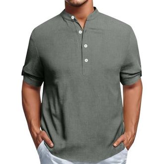 Generic Chemises en lin pour homme - Chemises &agrave; manches courtes en coton et lin pour homme - Polo &agrave; manches courtes - Col en V - Lot long - Blanc - T-shirt de