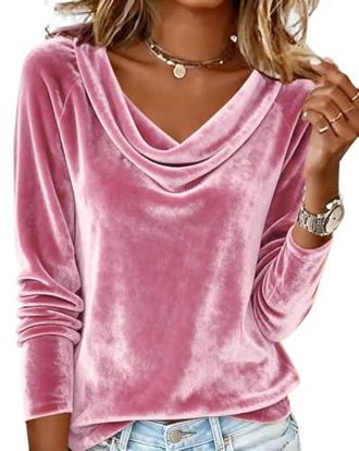Minetom Haut &Agrave; Manches Longues en Velours pour Femmes Sexy Col B&eacute;nitier Tops T-Shirt Chemisier &Eacute;l&eacute;gant Pullover Blouse Mode D&eacute;contract&eacute; A Rose XXL