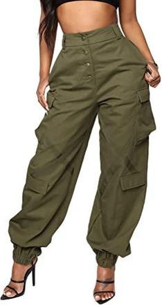 Onsoyours Pantalon Cargo Femme Multi-Poches Streetwear Taille Haute Hip Hop Sport De Travail Outdoor Pants Z5 Arm&eacute;e Verte S