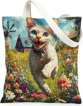 Generic Spring Devon Rex Cat Sac fourre-tout en toile r&eacute;utilisable pour faire du shopping, 33 x 38,1 cm, motif chat rustique, chaton, sac d&eacute;picerie pour femme
