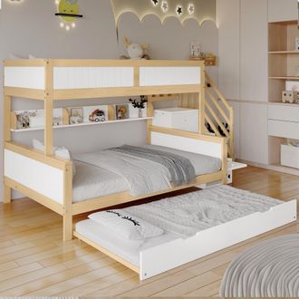 Merax Etagenbett Kinderbett mit Rollbett, Ecktreppe mit 4 Schließfächern, Kleiderschrank, Fallschutz und Gitter, Kiefer+MDF, Weiß+Natur, 90x200 & 120x200 cm