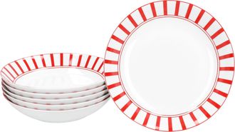 MamboCat Split rot 6er Set Suppenteller I 450ml I weißes Porzellan-Geschirr mit Streifen für 6 Personen I Tiefe Teller für Salat, Suppe, Müsli, Pasta & Co