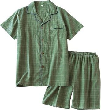 Generic Pyjama 2 Pi&egrave;ces Homme t&eacute; L&eacute;ger Chemise Manches Courtes Boutonn&eacute;e Tenue Basique Respirante Col Rond Doux Respirant Coton Souple Nuit et Loisirs pour Co